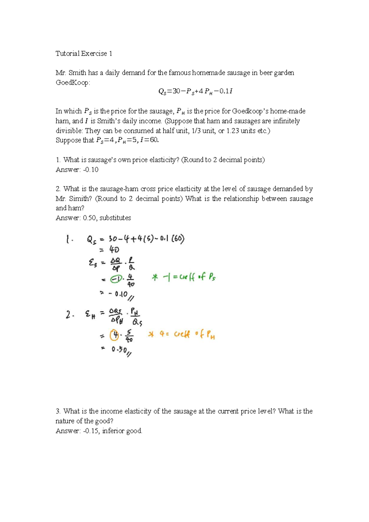 Tutorial Worksheet Week 4 Answers: Elasticity and Utility Analysis ...