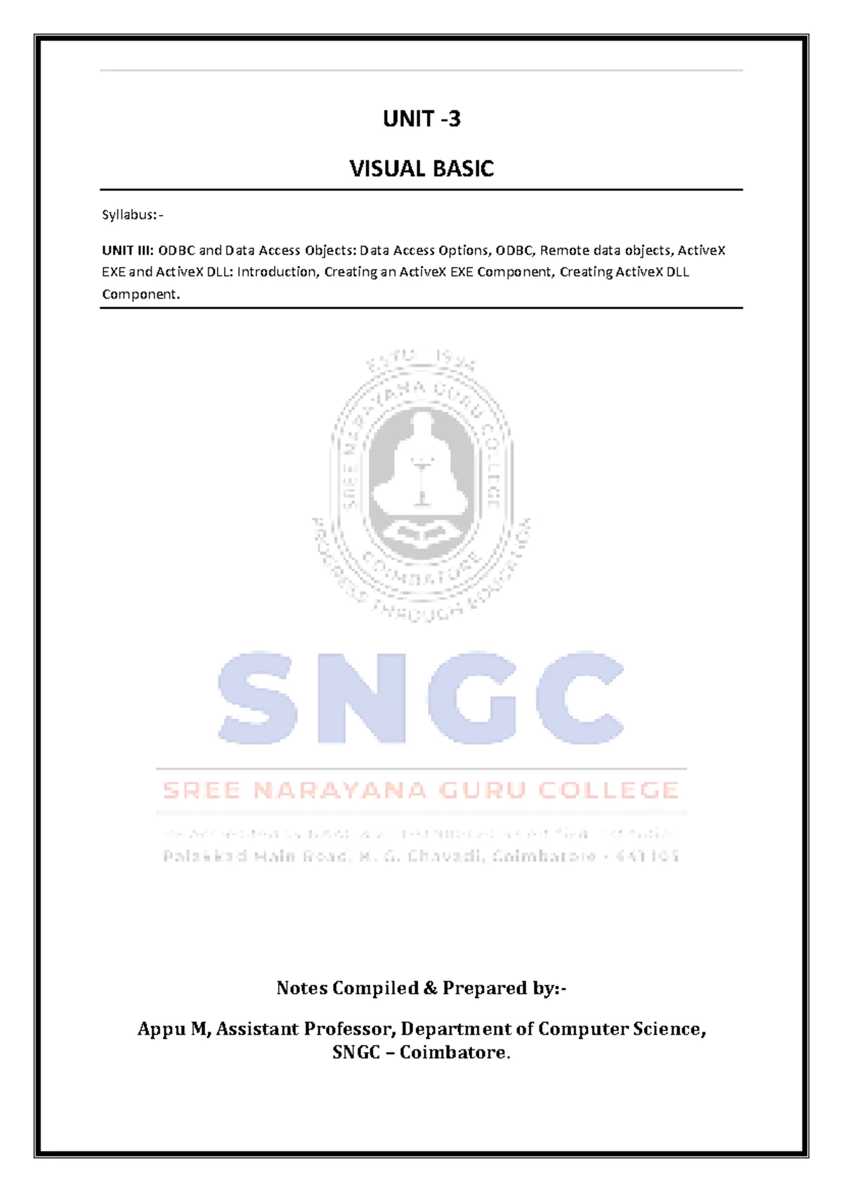 VB UNIT 3 ODBC and Data Access Objects Overview at SNGC - Studocu