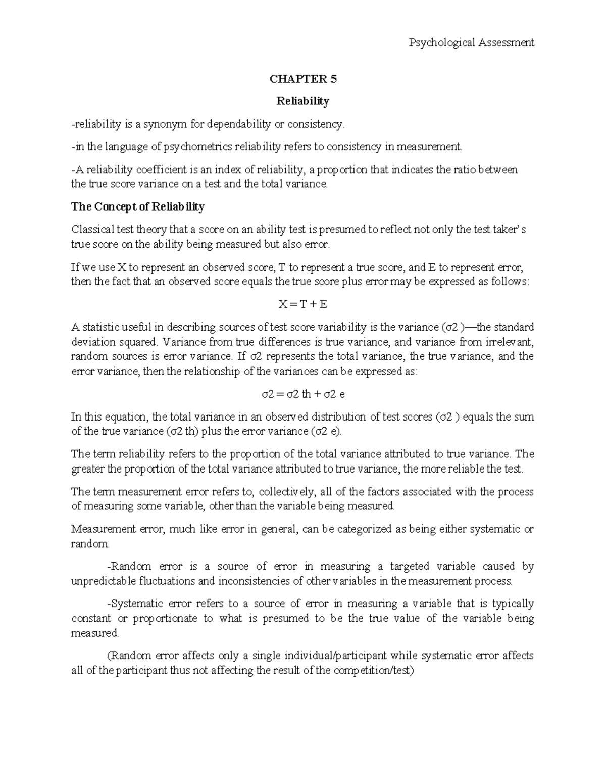 CHAPTER 5 - Reliability - CHAPTER 5 Reliability -reliability is a synonym for dependability or ...