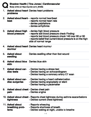 Cardiovascular- Shadow health Tina Jones - Cardiovascular Patient: Tina ...