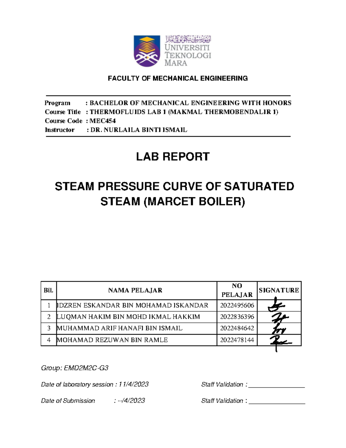 Steam Pressure Curve Analysis for Saturated Steam (MEC THERMOFLUIDS LAB ...