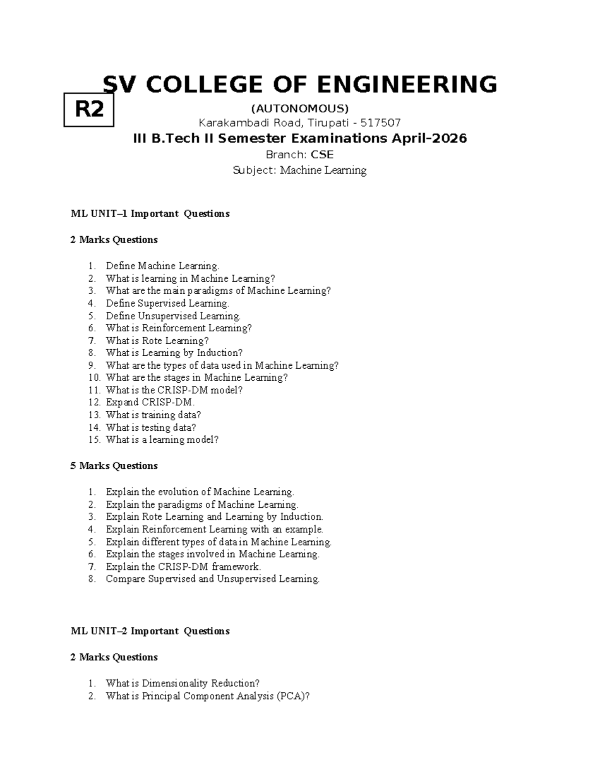 ML Important Questions for B.Tech II Sem CSE Exam - Studocu