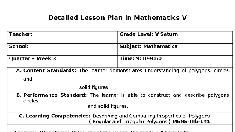 Detailed Lesson Plan: Polygons in Math V (Quarter 3, Week 3) - Studocu