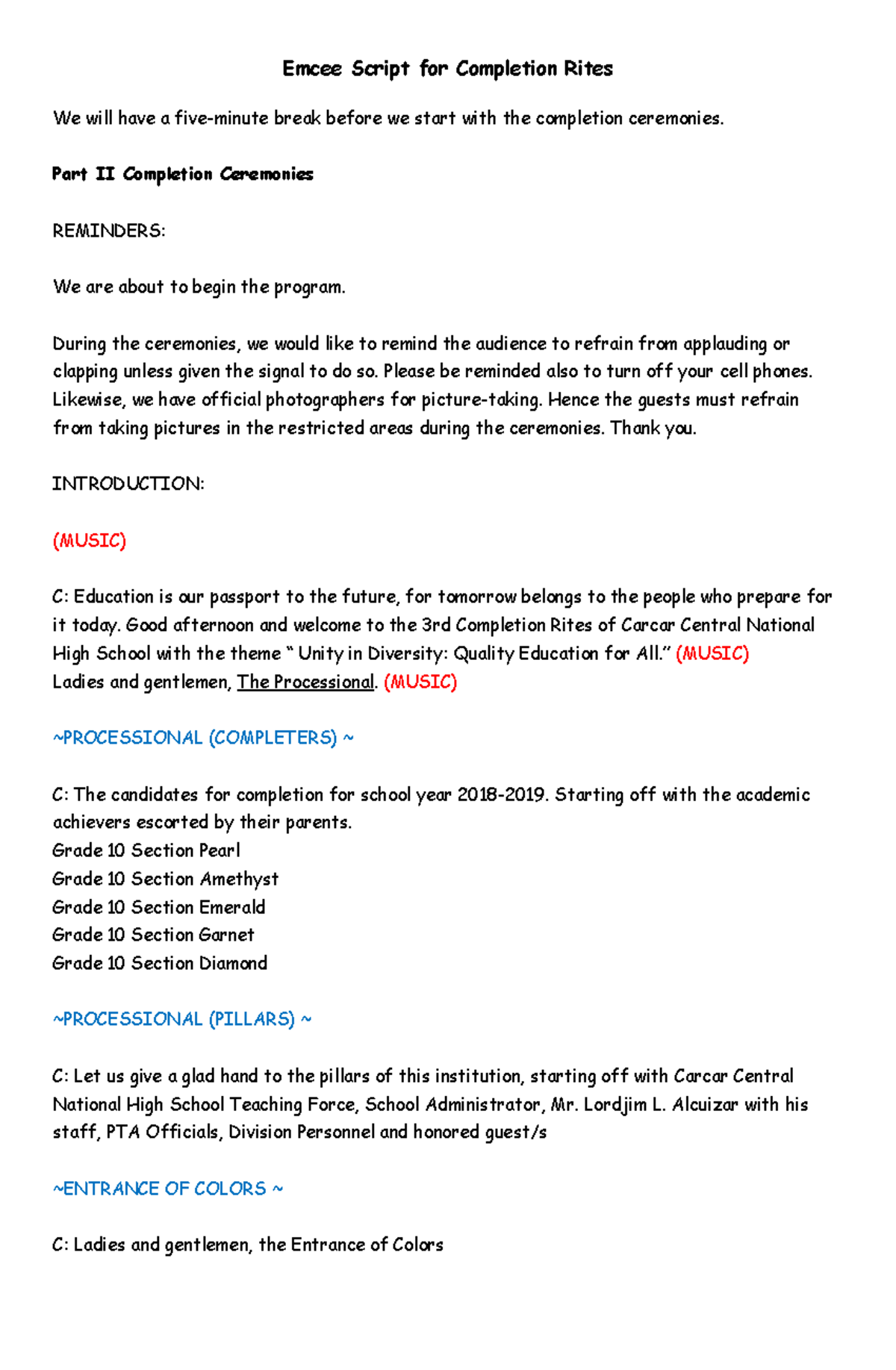 Emcee Script for CCNHS Completion Rites 2018-2019 - Studocu
