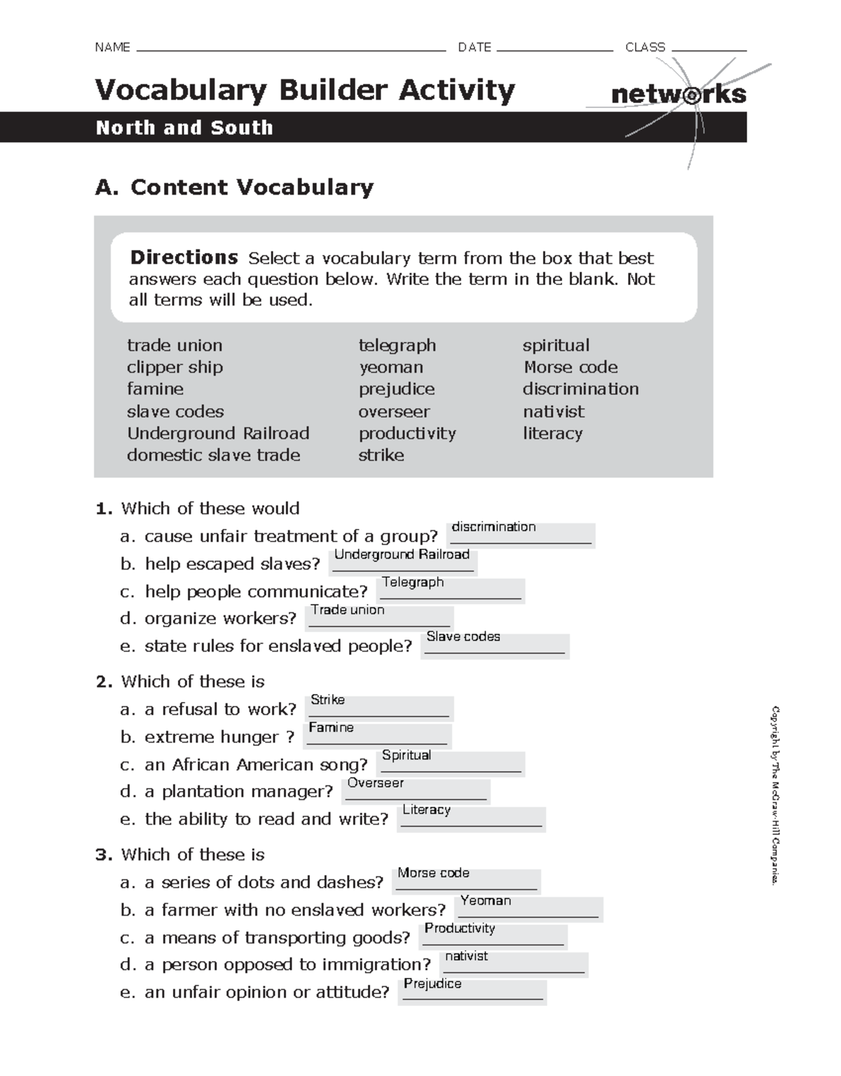 North and South Vocabulary Builder Activity - Complete Guide - Studocu