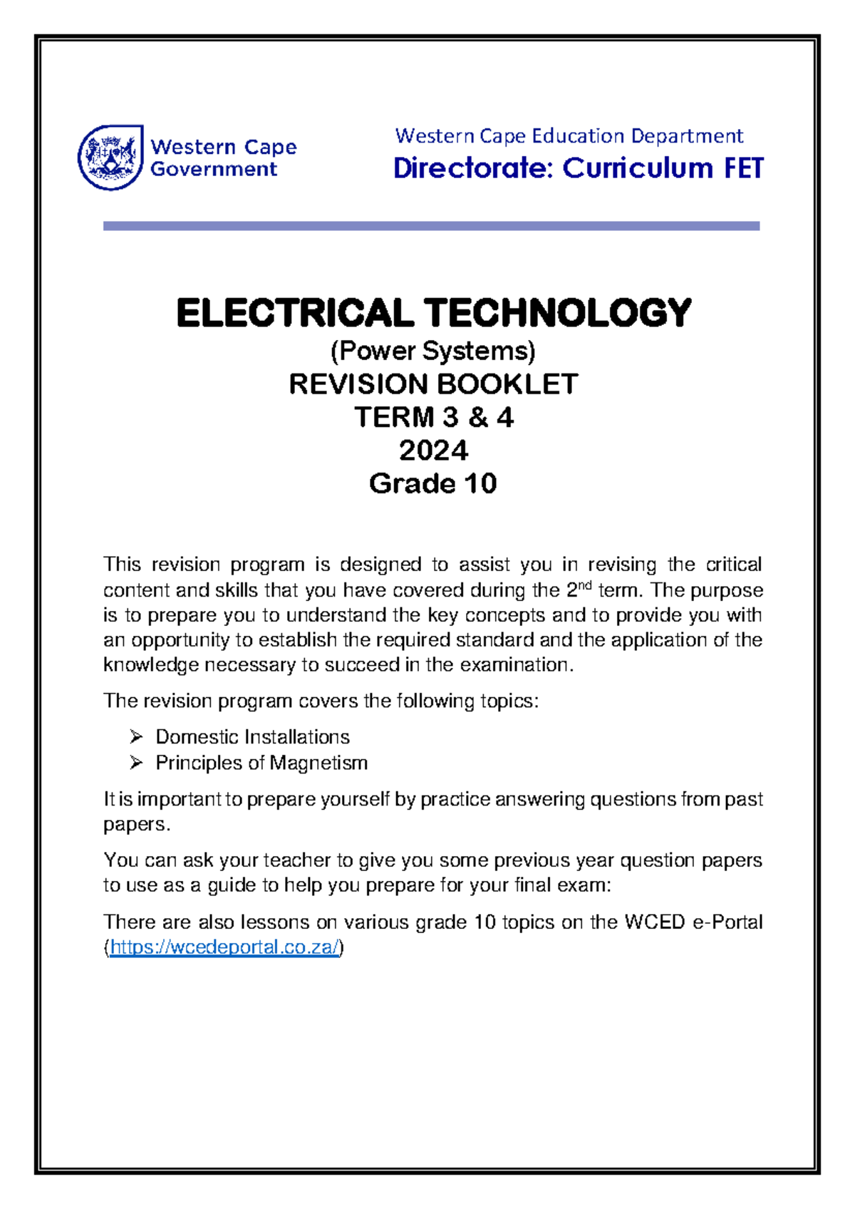 Grade 10 Electrical Technology (Power Systems) Term 3&4 Revision Guide ...