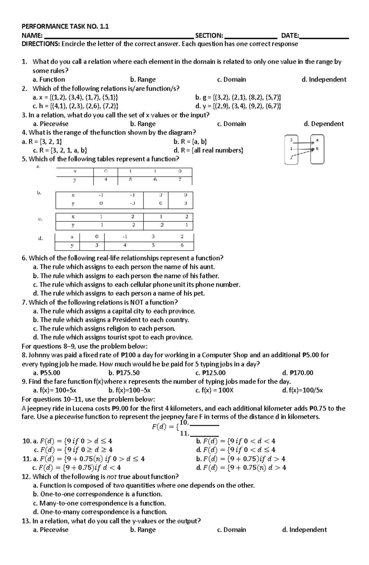Genmath - Performance Task No. 1.1: Functions and Relations - Studocu