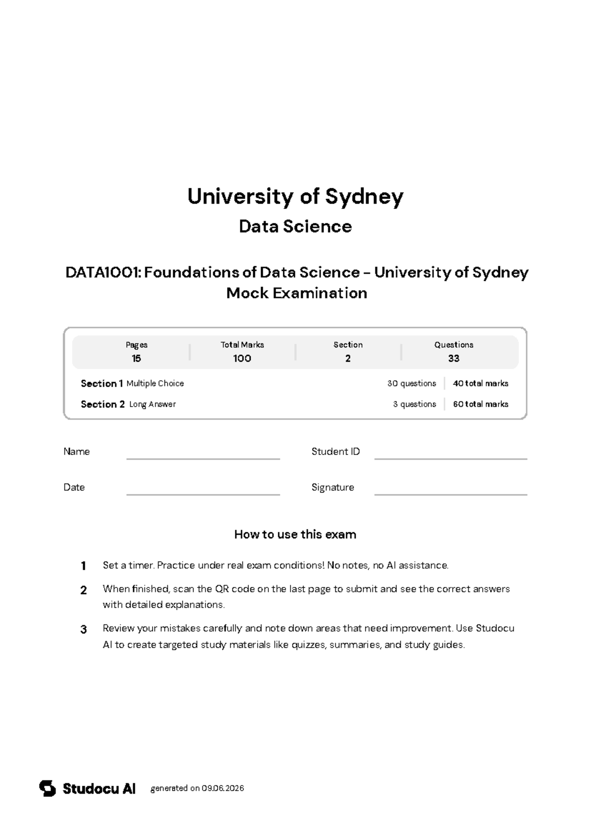 DATA1001: Foundations of Data Science Mock Exam - Studocu