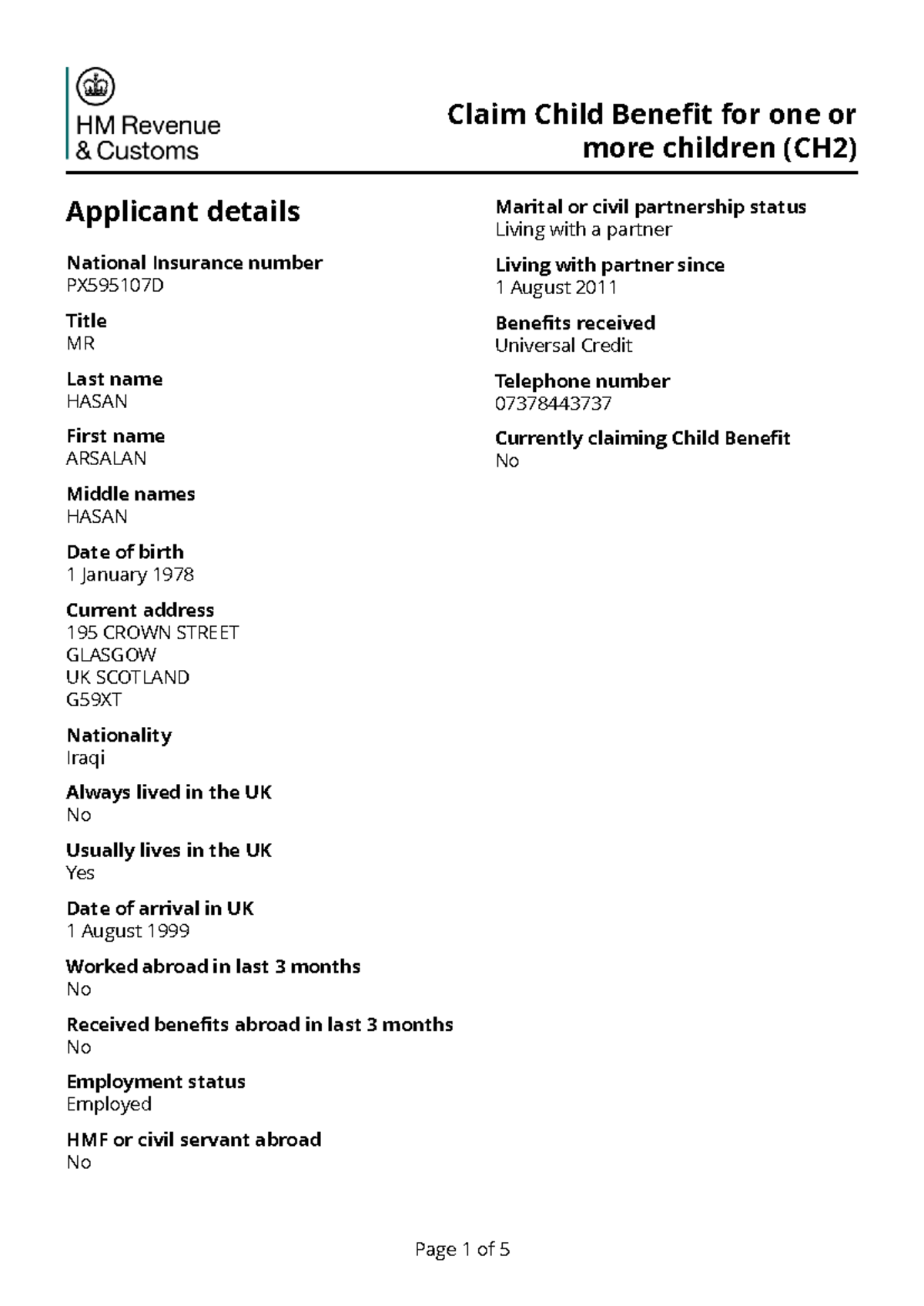 Claim Child Benefit Application Details (CH2) for Arslan Hasan - Studocu
