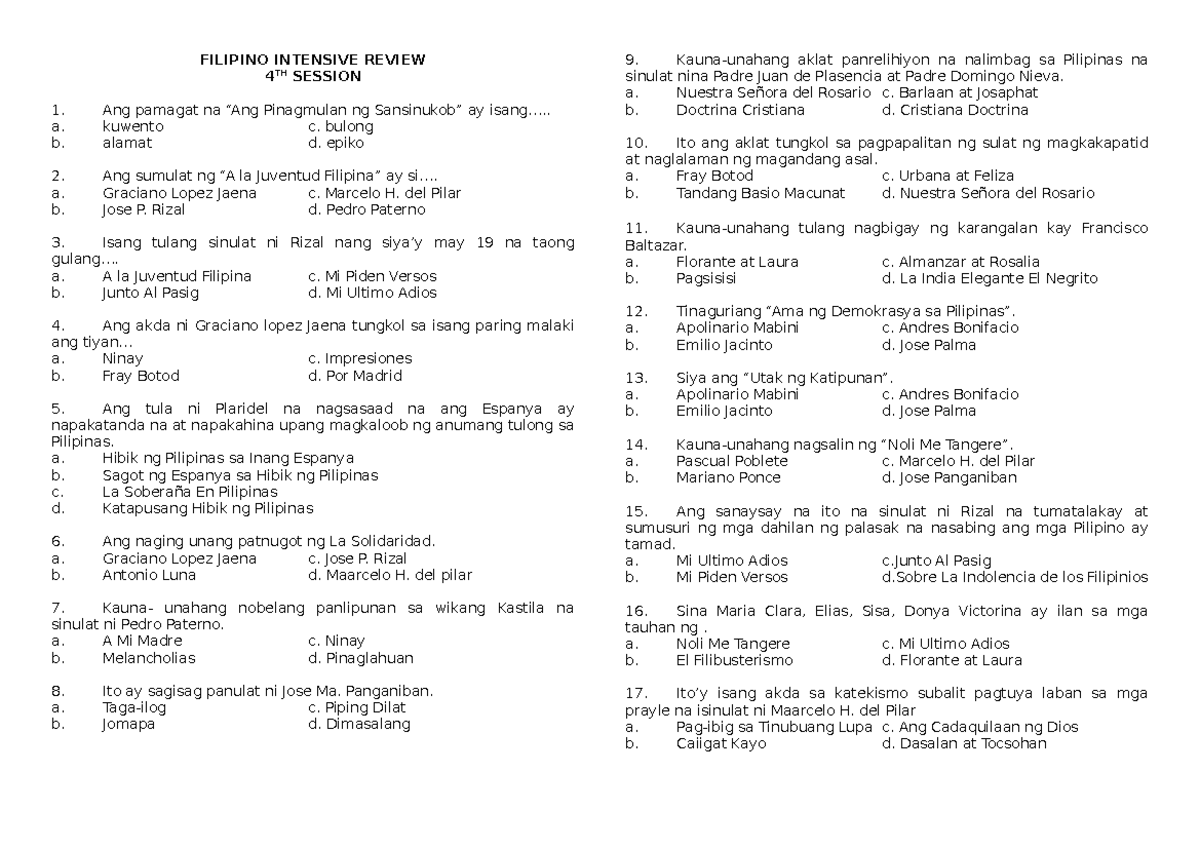 4 FIL Intensive Review: 100 Quiz Items on Filipino Literature - Studocu