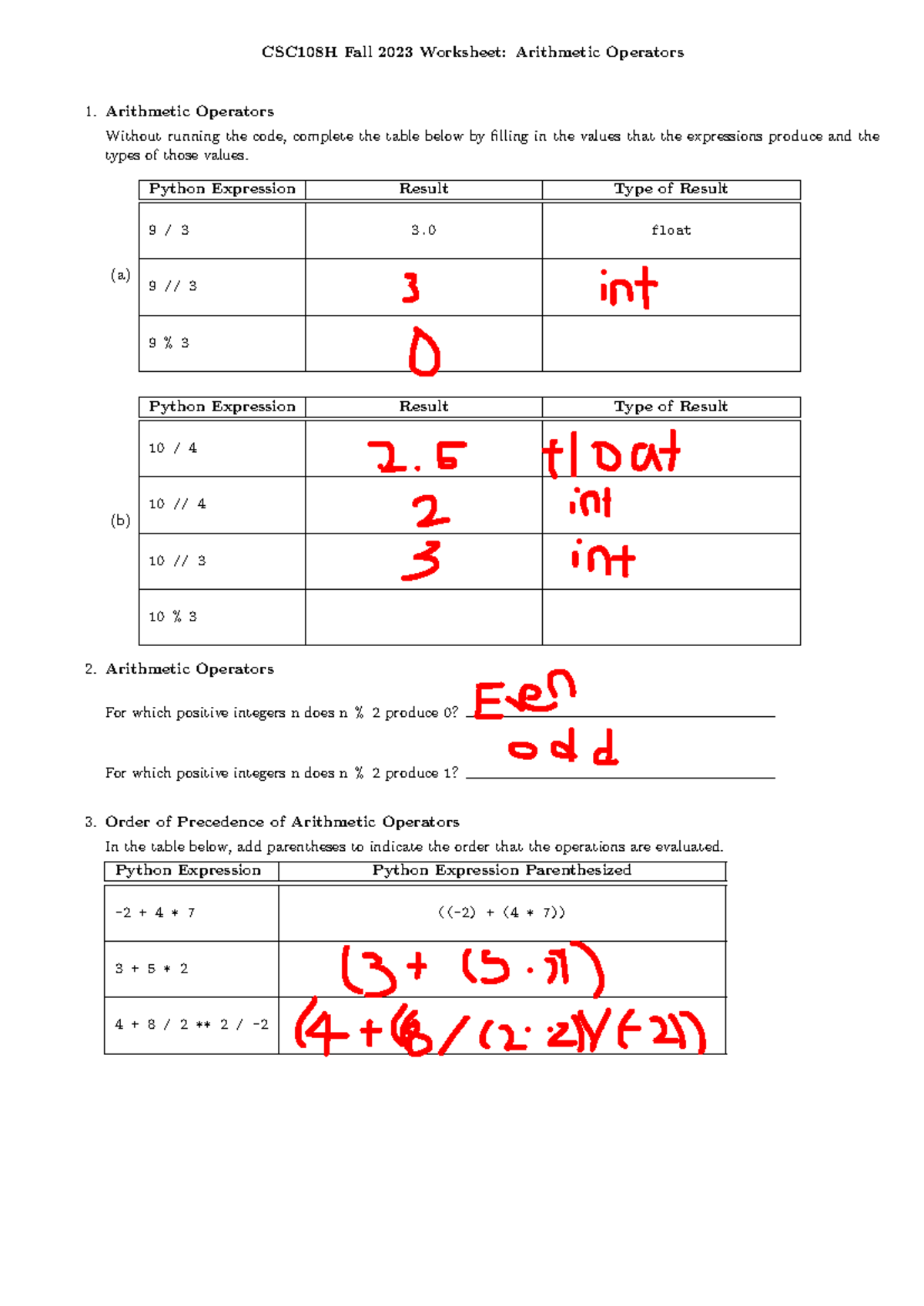 CSC108H Fall 2023 Worksheet: Understanding Arithmetic Operators - Studocu