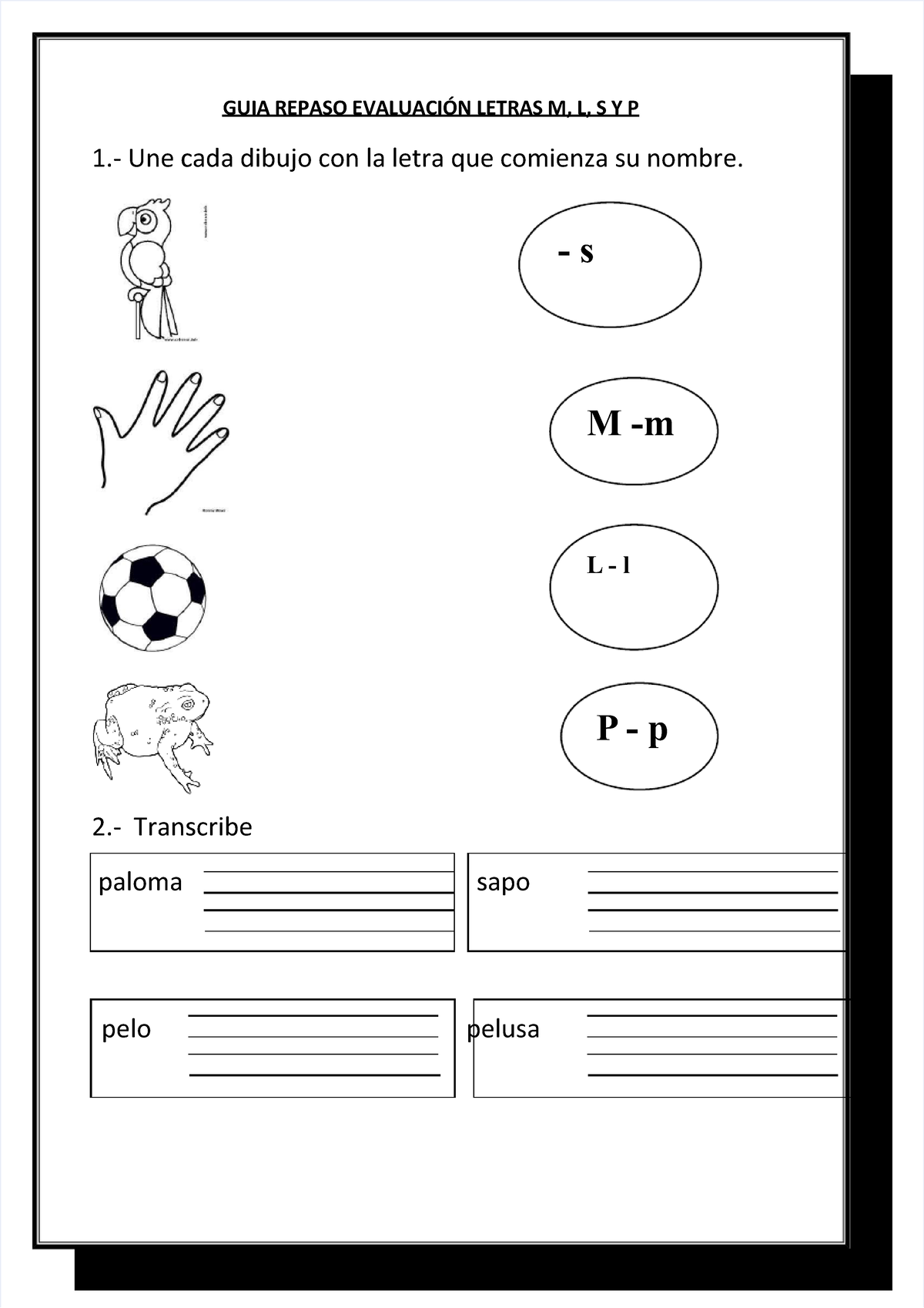 Guía Repaso Evaluación Letras M, L, S y P - Ejercicios y Actividades - Studocu