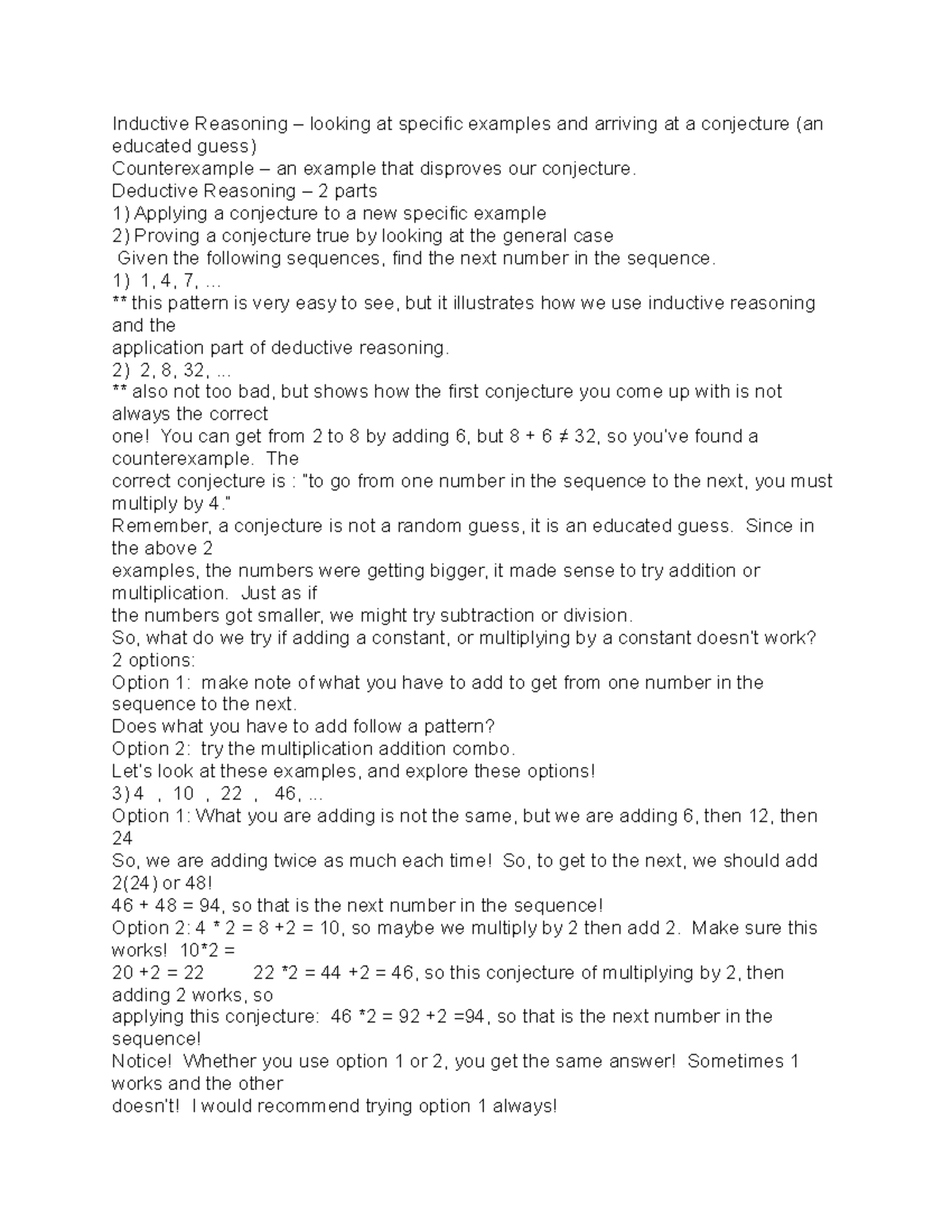 Math 101: Inductive & Deductive Reasoning Notes - Studocu