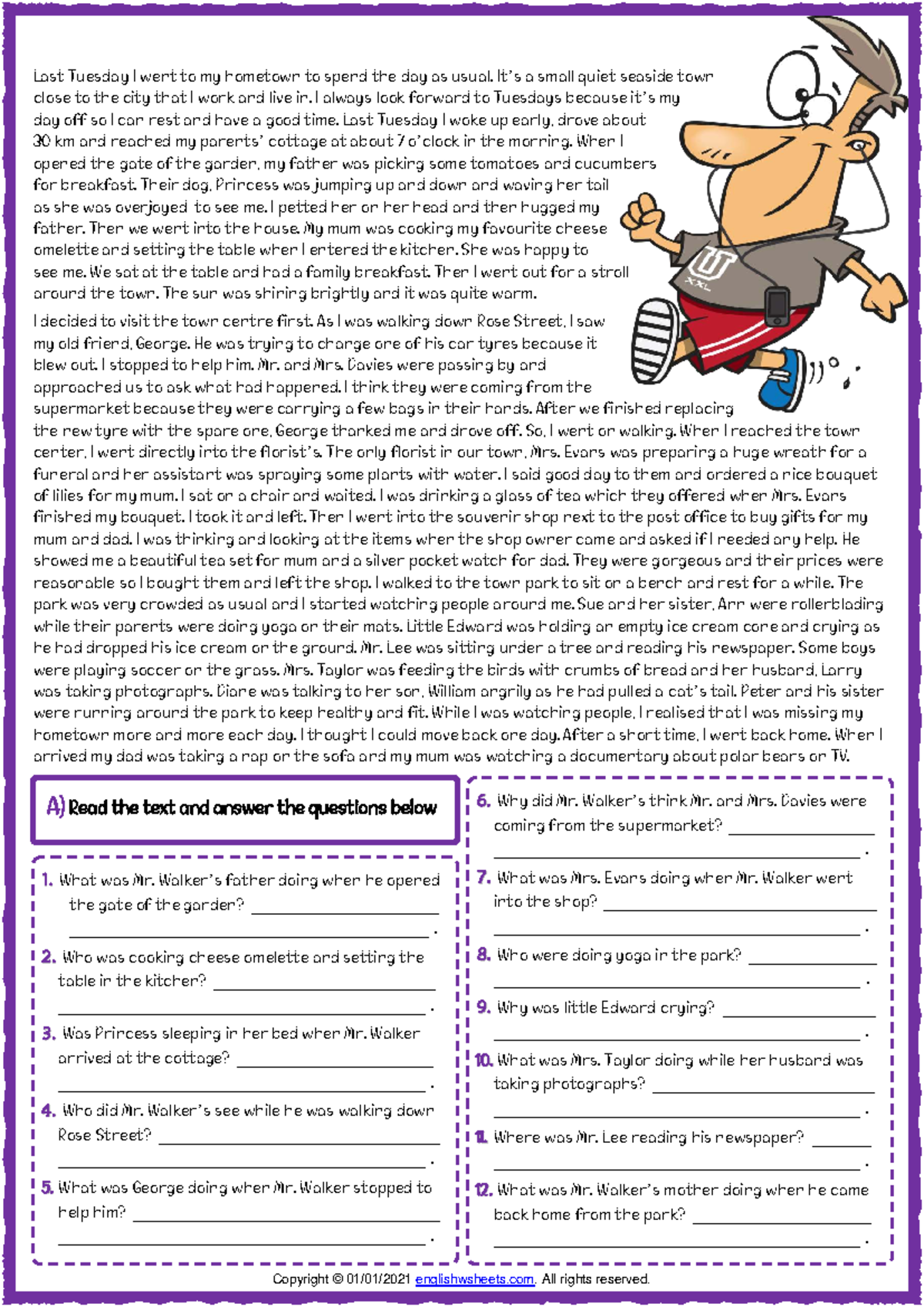 Past Continuous Tense: ESL Reading Comprehension Questions for Mr ...