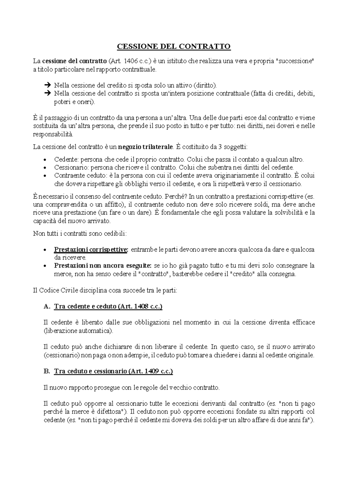 Cessione del Contratto: Analisi e Normative (Art. 1406 c.c.) - Studocu