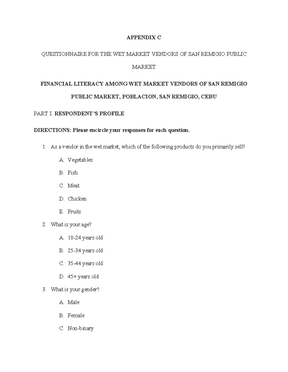 Appendix C - wqdwdD - APPENDIX C QUESTIONNAIRE FOR THE WET MARKET ...
