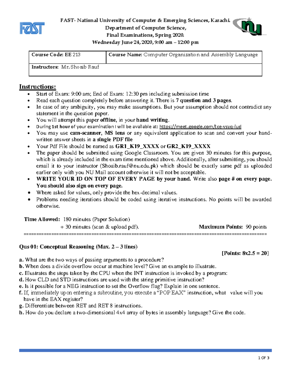 EE 213 Final Exam Spring 2020 - Computer Organization & Assembly - Studocu