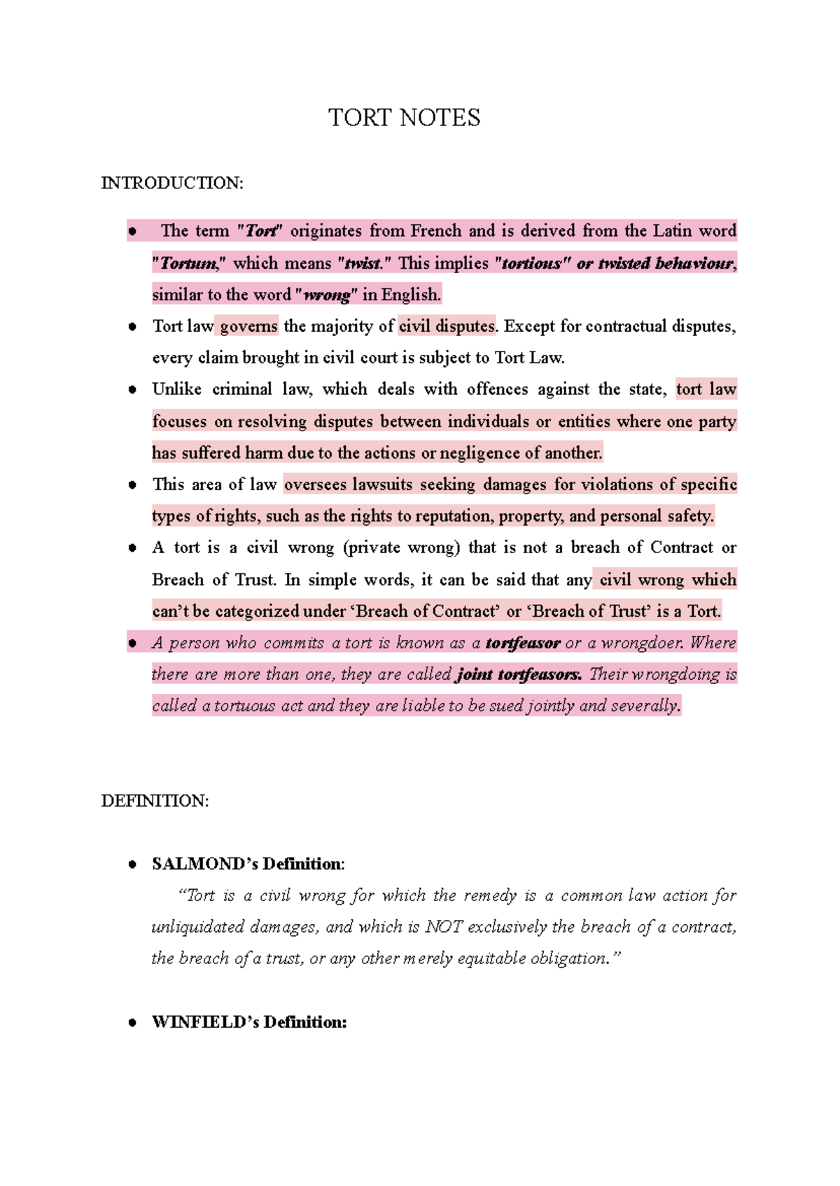 TORT Law Overview: Understanding Civil Wrongs and Liability - Studocu