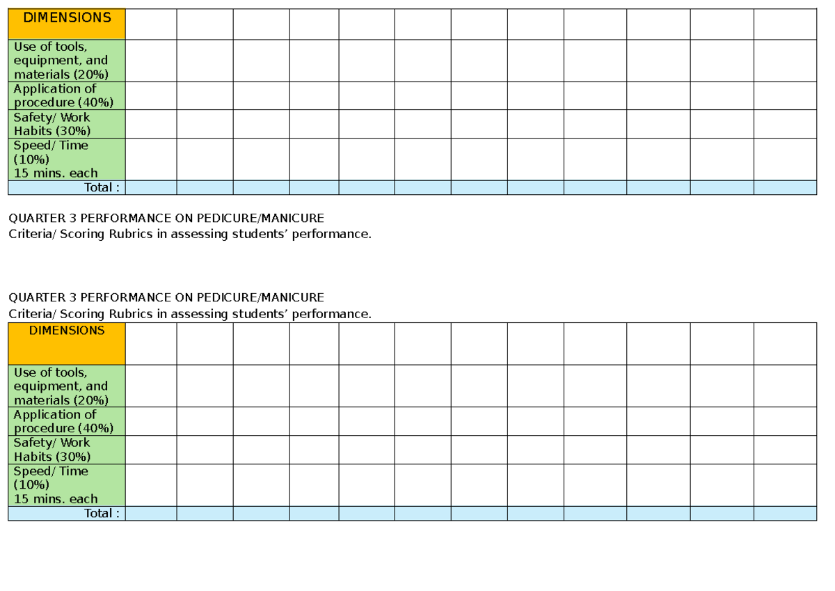 Rubrics FOR Manicure - DESIGN - DIMENSIONS Use of tools, equipment, and ...