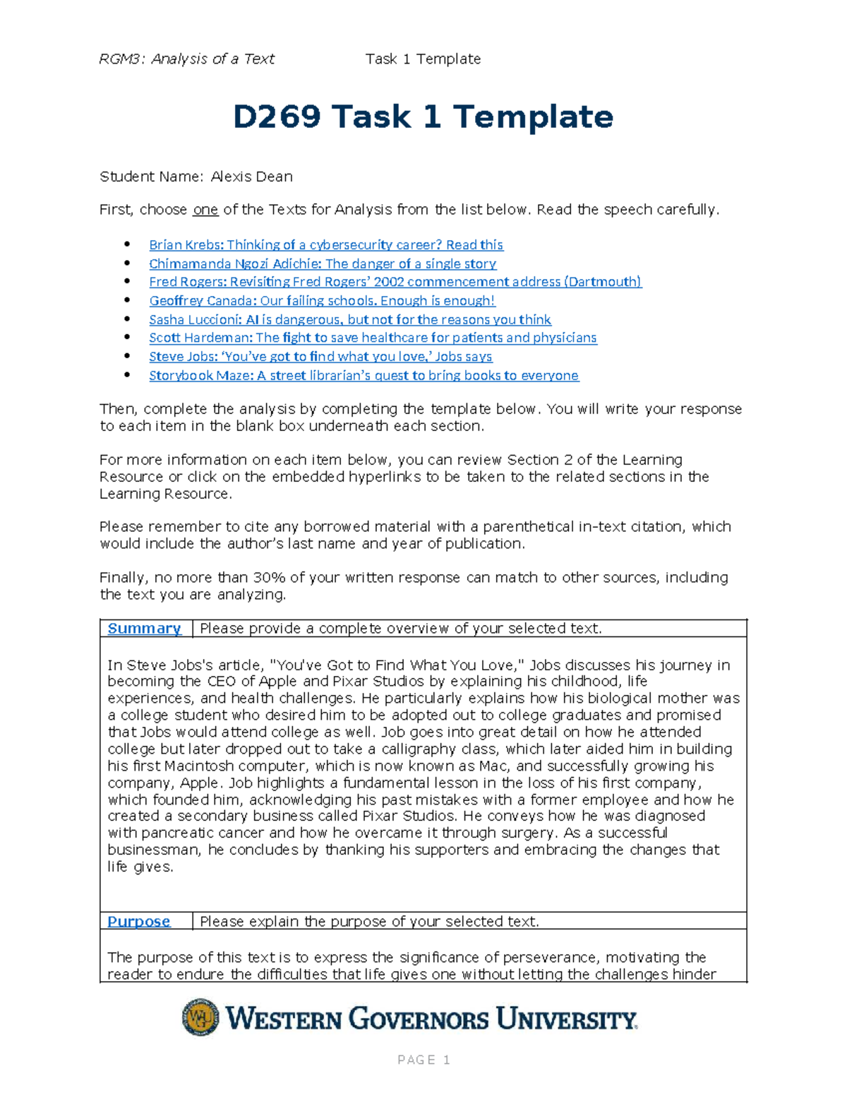 RGM3: D269 Task 1 Template - Analysis of Steve Jobs' Speech - Studocu