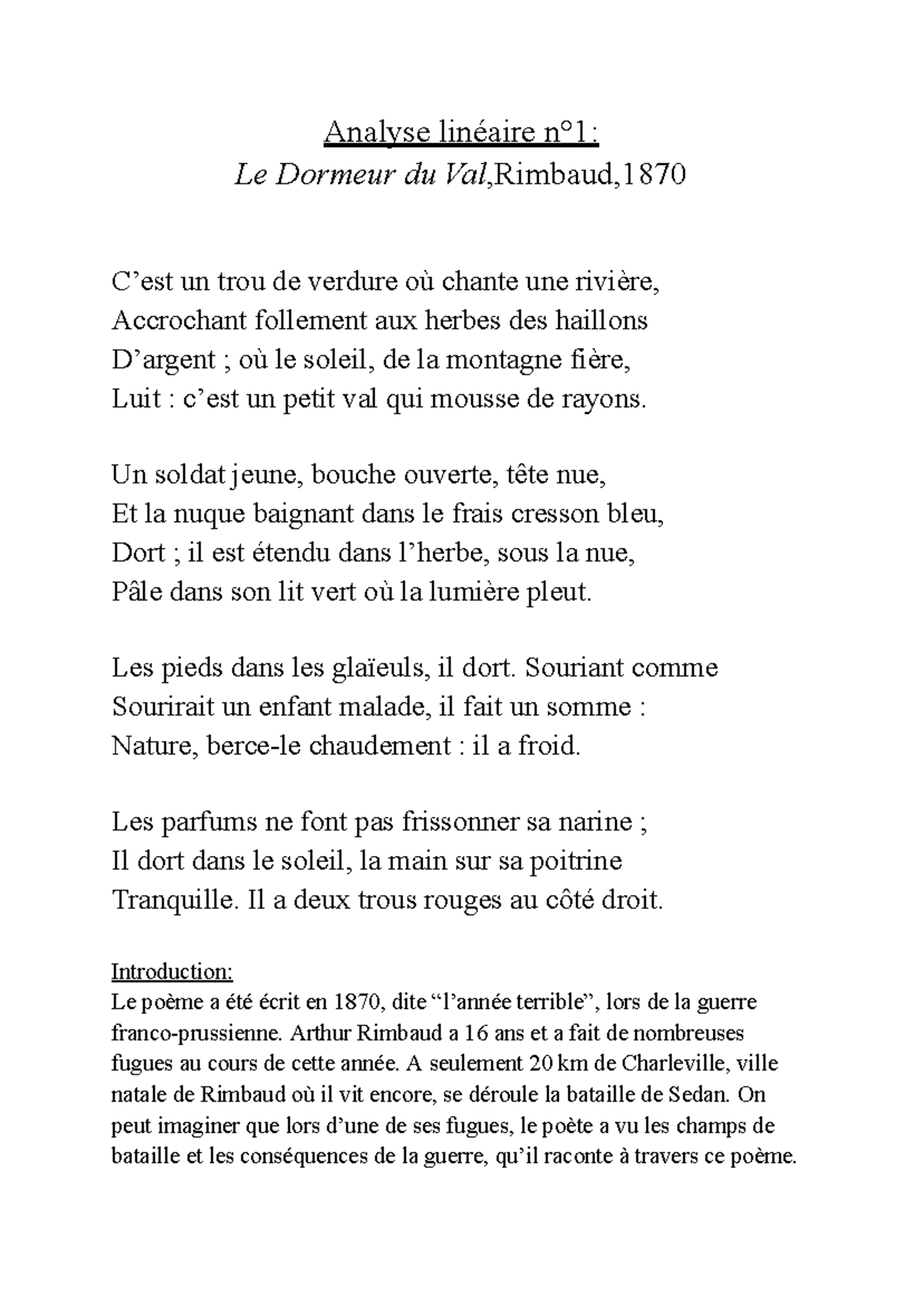 Analyse linéaire du poème Le Dormeur du Val de Rimbaud - Studocu