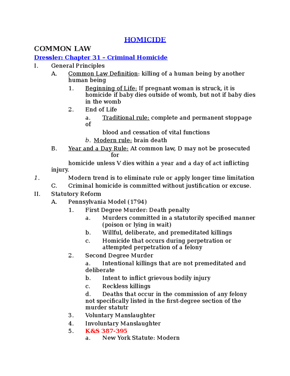 Criminal Law Outline: Homicide Overview (Criminal Law 101) - Studocu