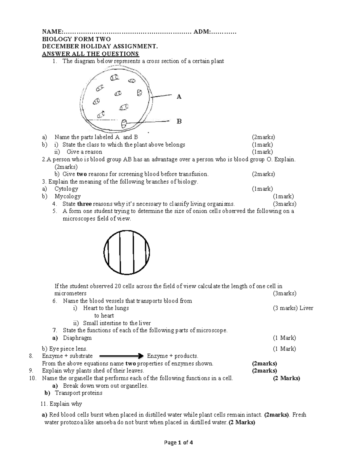 BIOLOGY FORM TWO DECEMBER HOLIDAY ASSIGNMENT REVISION NOTES - Studocu