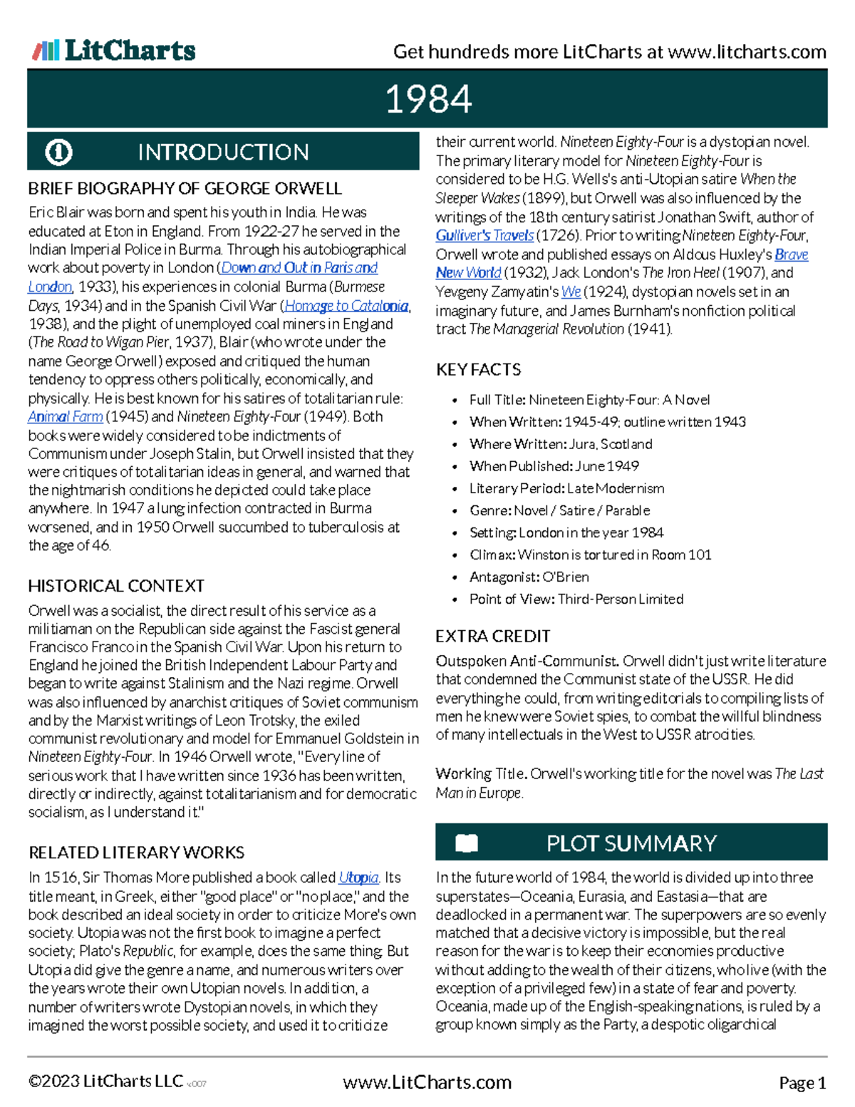 1984-Lit Chart - summary and analysis of 1984 - 1984 BRIEF BIOGRAPHY OF ...
