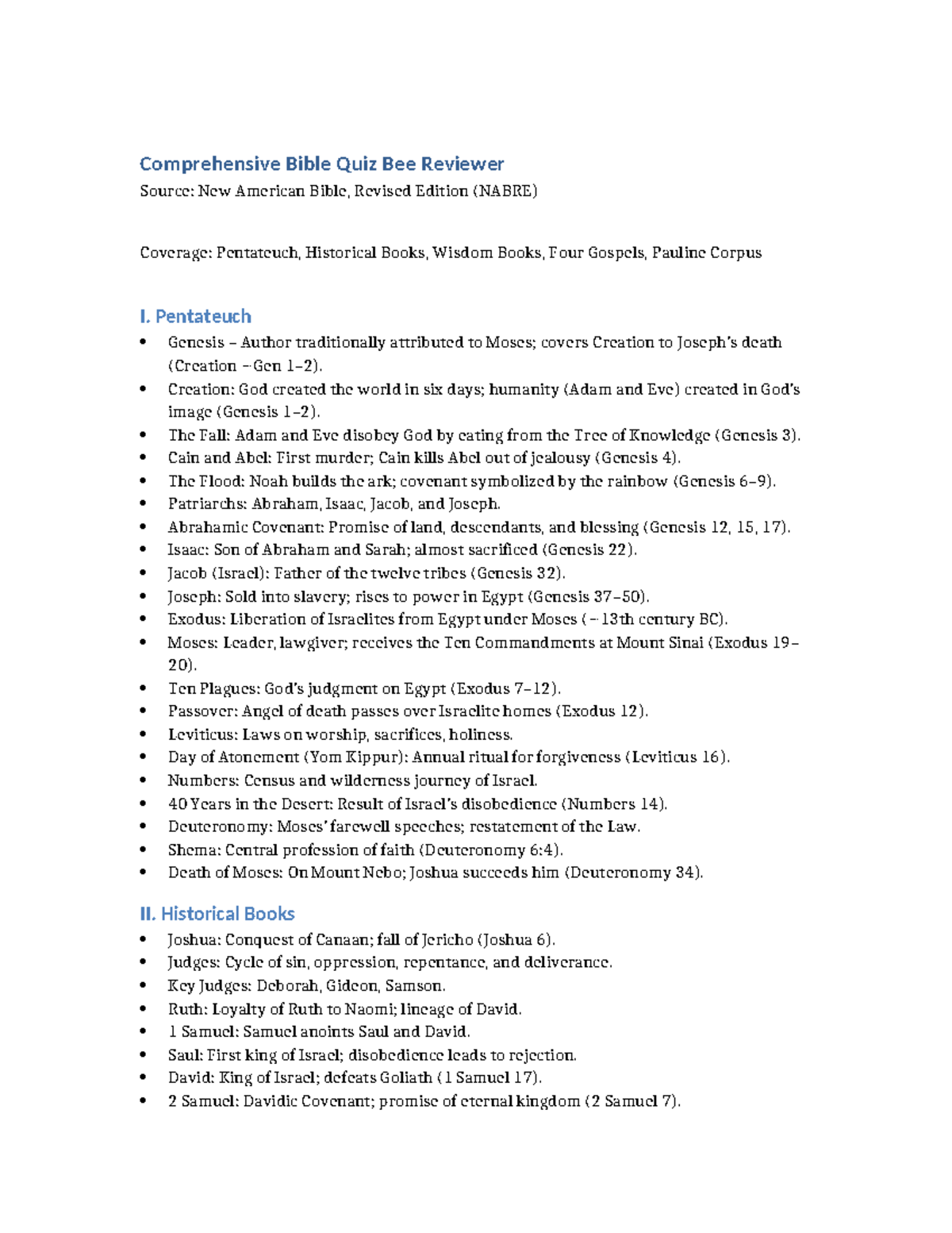 Bible Quiz Bee Reviewer: NABRE Coverage of Key Biblical Texts - Studocu