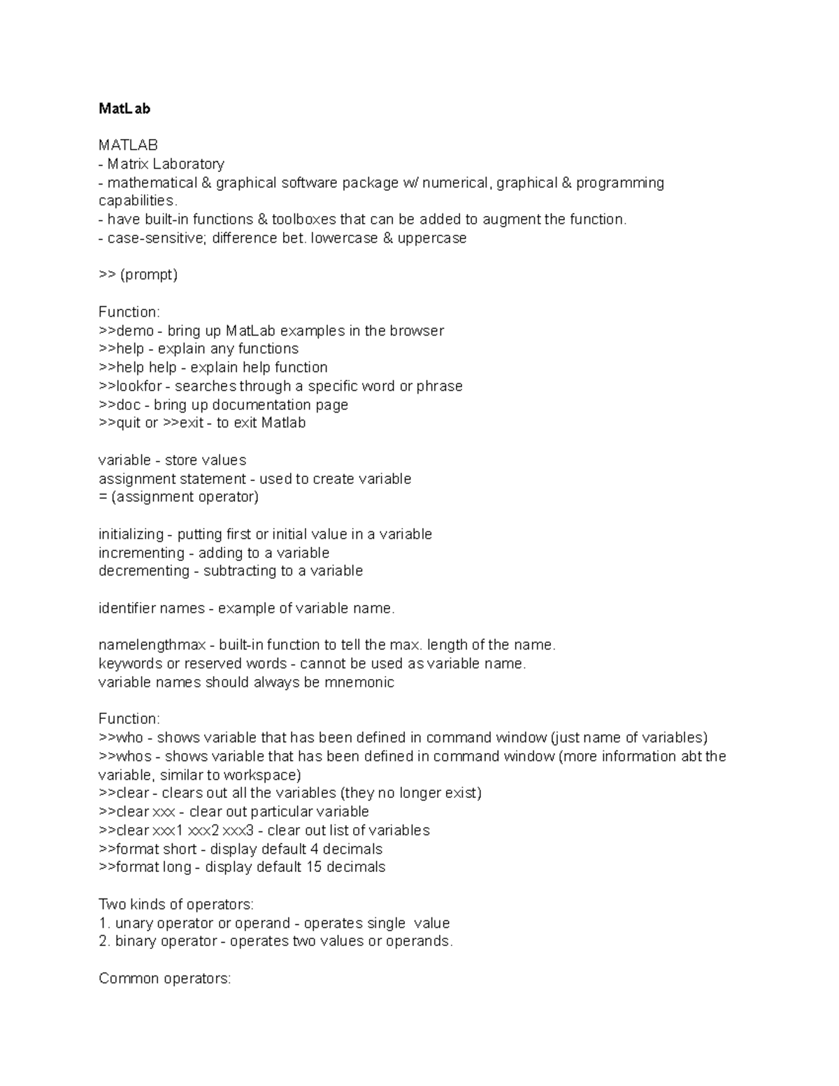MATLAB Review Notes - Key Concepts and Functions for MATLAB - Studocu