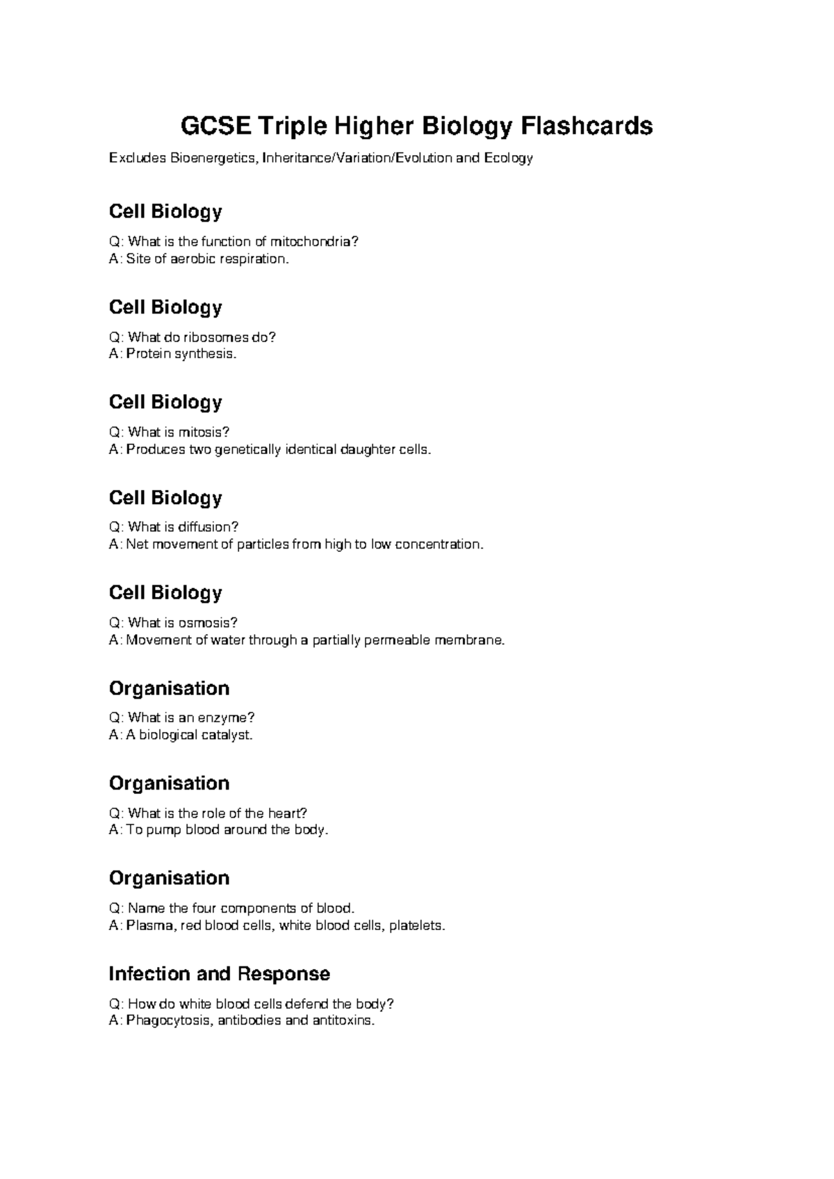 GCSE Triple Higher Biology Flashcards: Cell Biology & Organisation ...