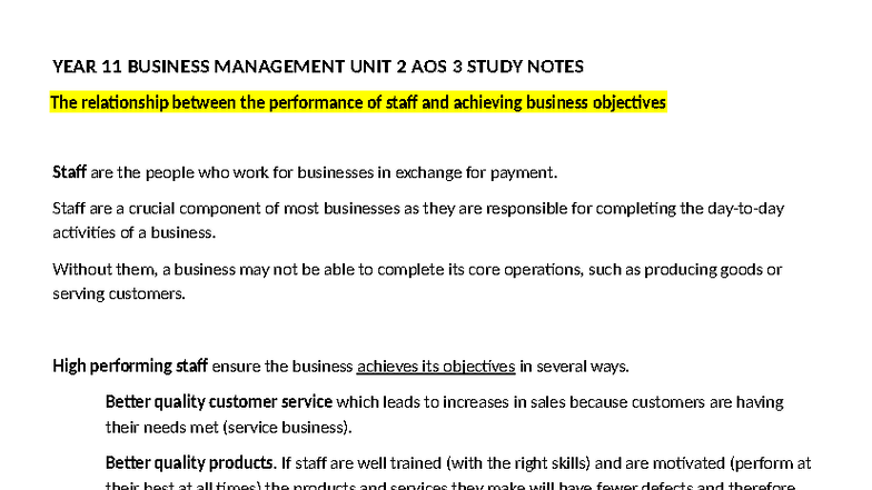 YEAR 11 Business Management UNIT 2 AOS 3 Study Notes - YEAR 11 BUSINESS ...