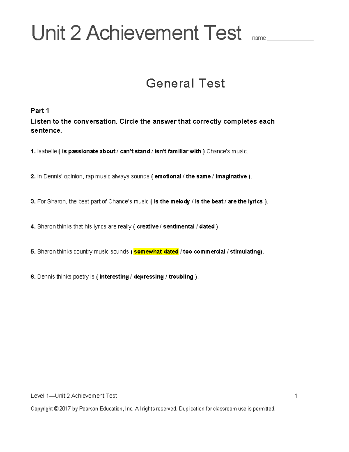 Level 2 Achievement Test: Unit 2 Listening & Language Skills - Studocu