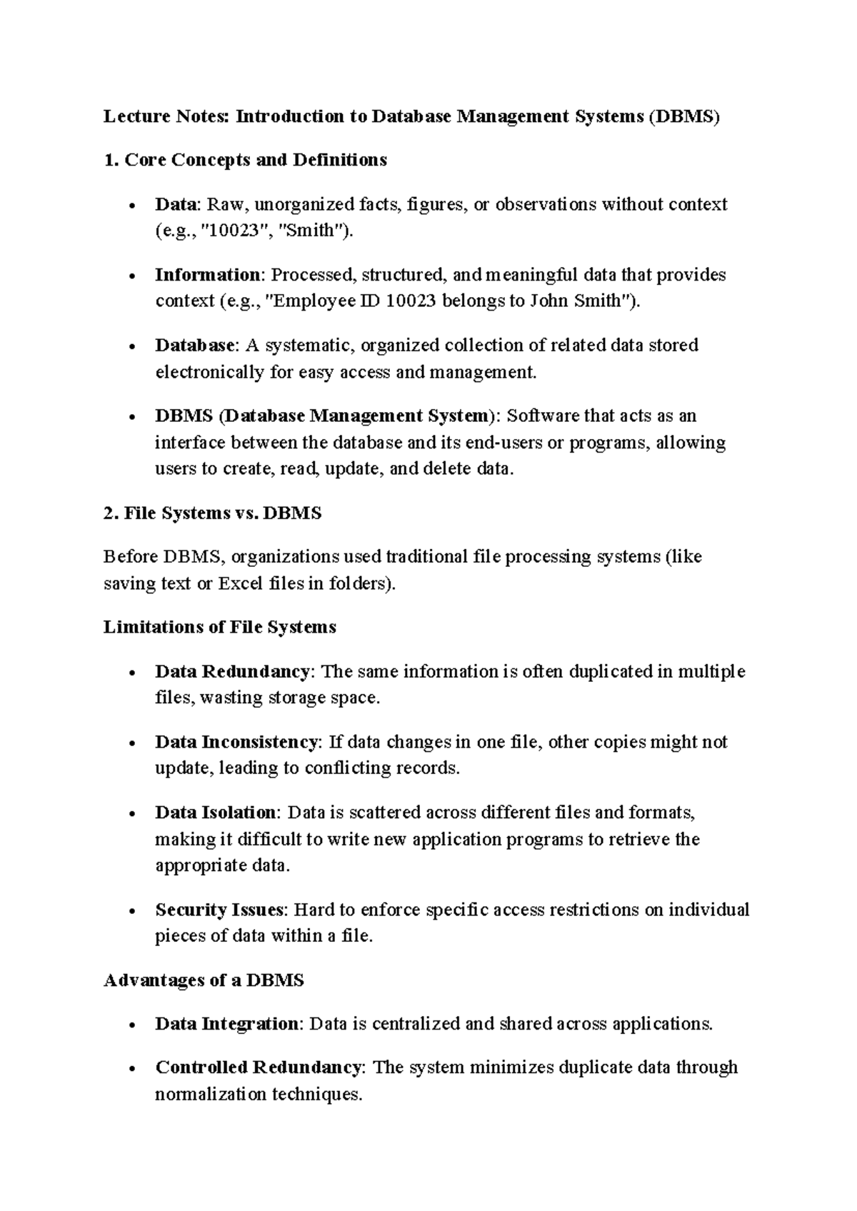 Lecture Notes: Introduction to DBMS - Core Concepts & Architecture ...