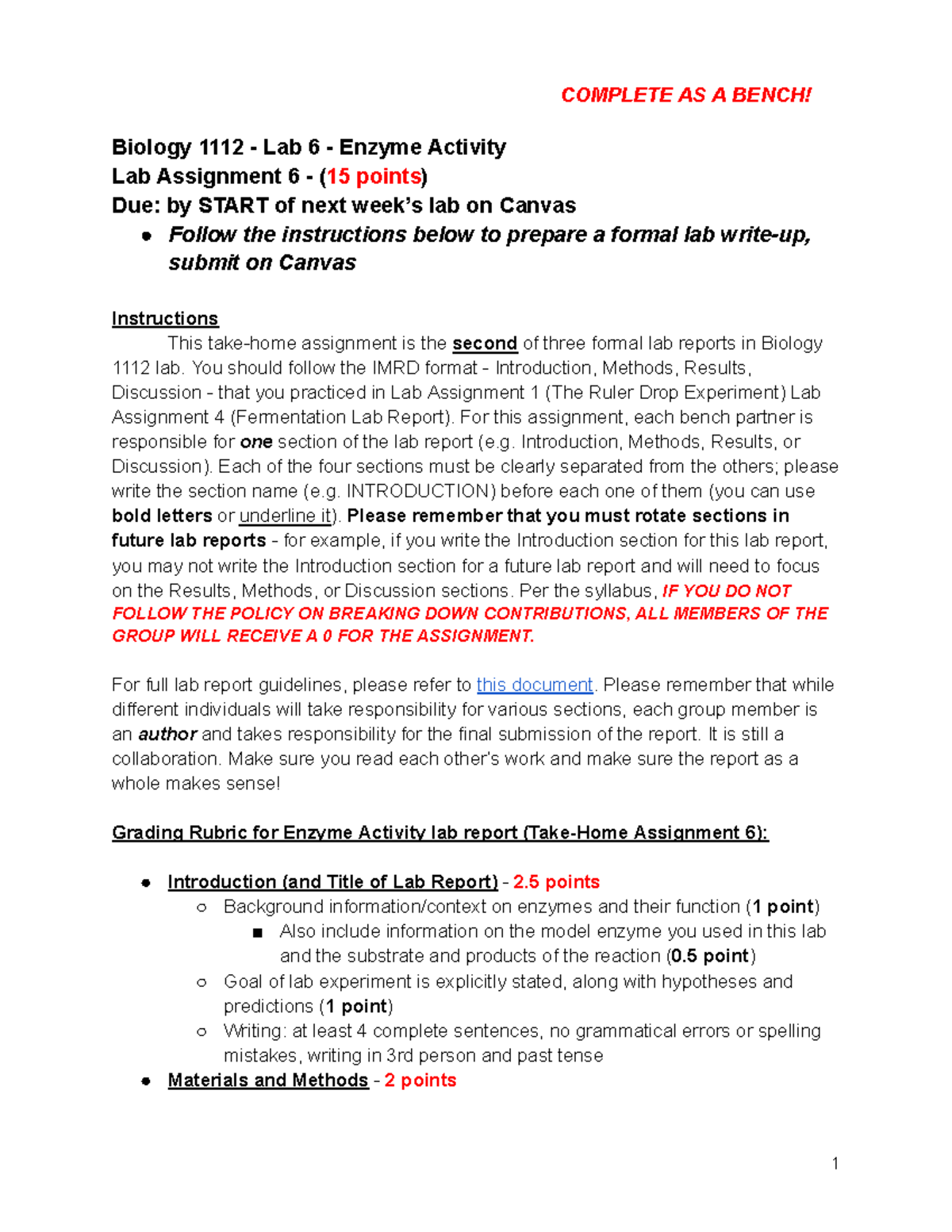 Lab 6 Assignment - Enzyme Activity Lab Report - Biology 1112 - Lab 6 - Enzyme Activity Lab - Studocu