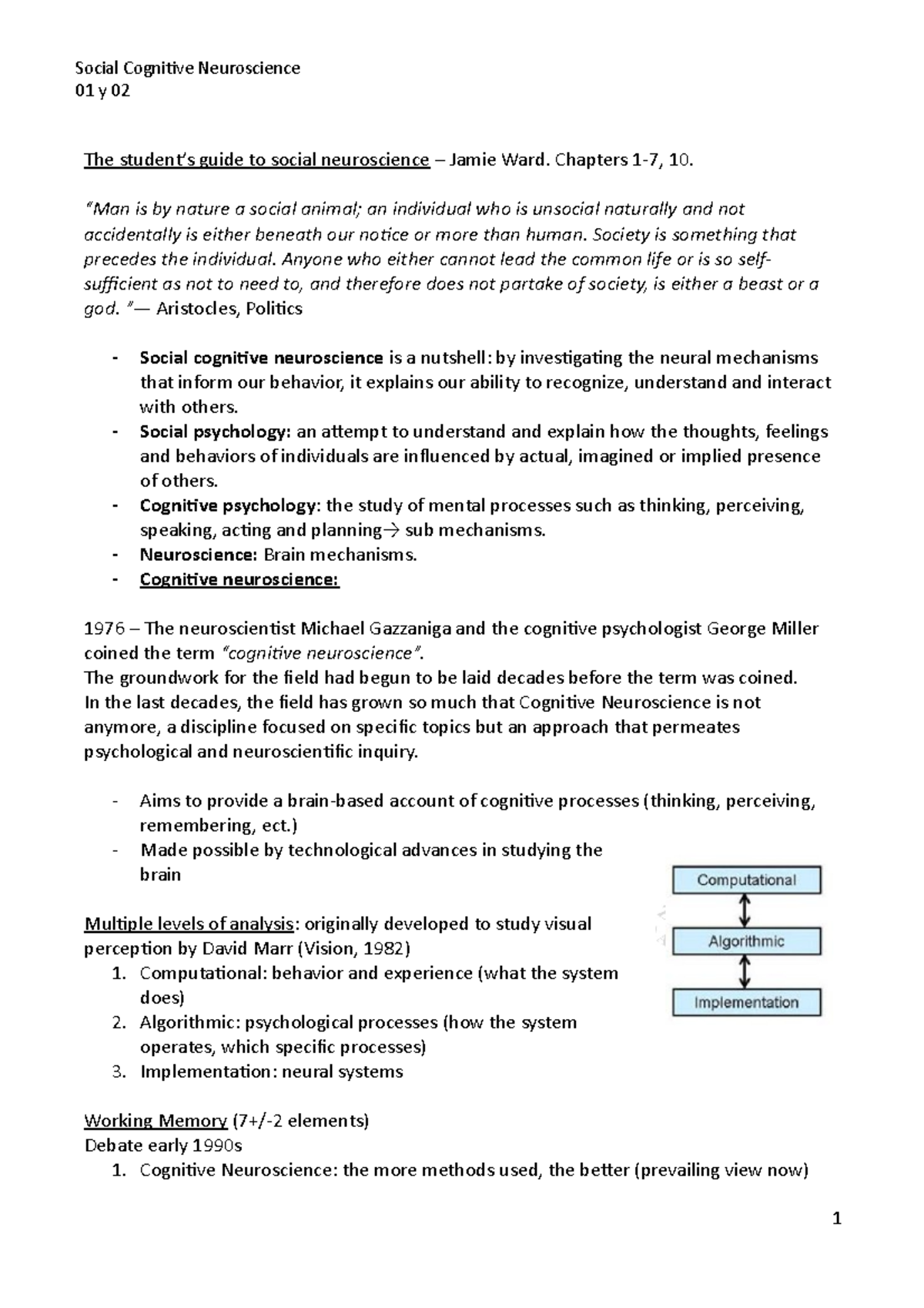 Social Cognitive Neuroscience: Insights from Chapters 1-7, 10 - 01 y 02 ...