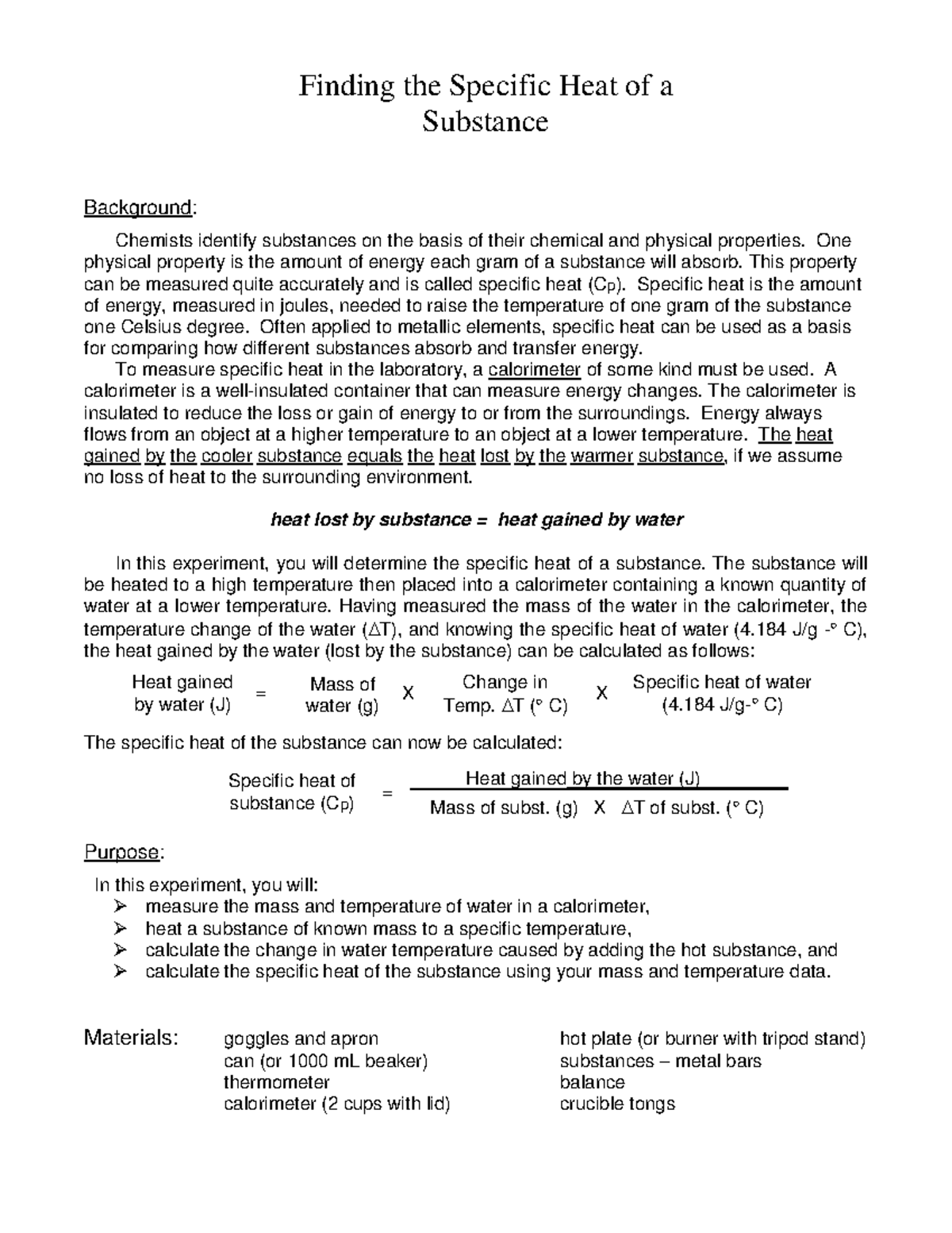 Lab Report - Specific Heat capacity of metals - Background: Chemists ...