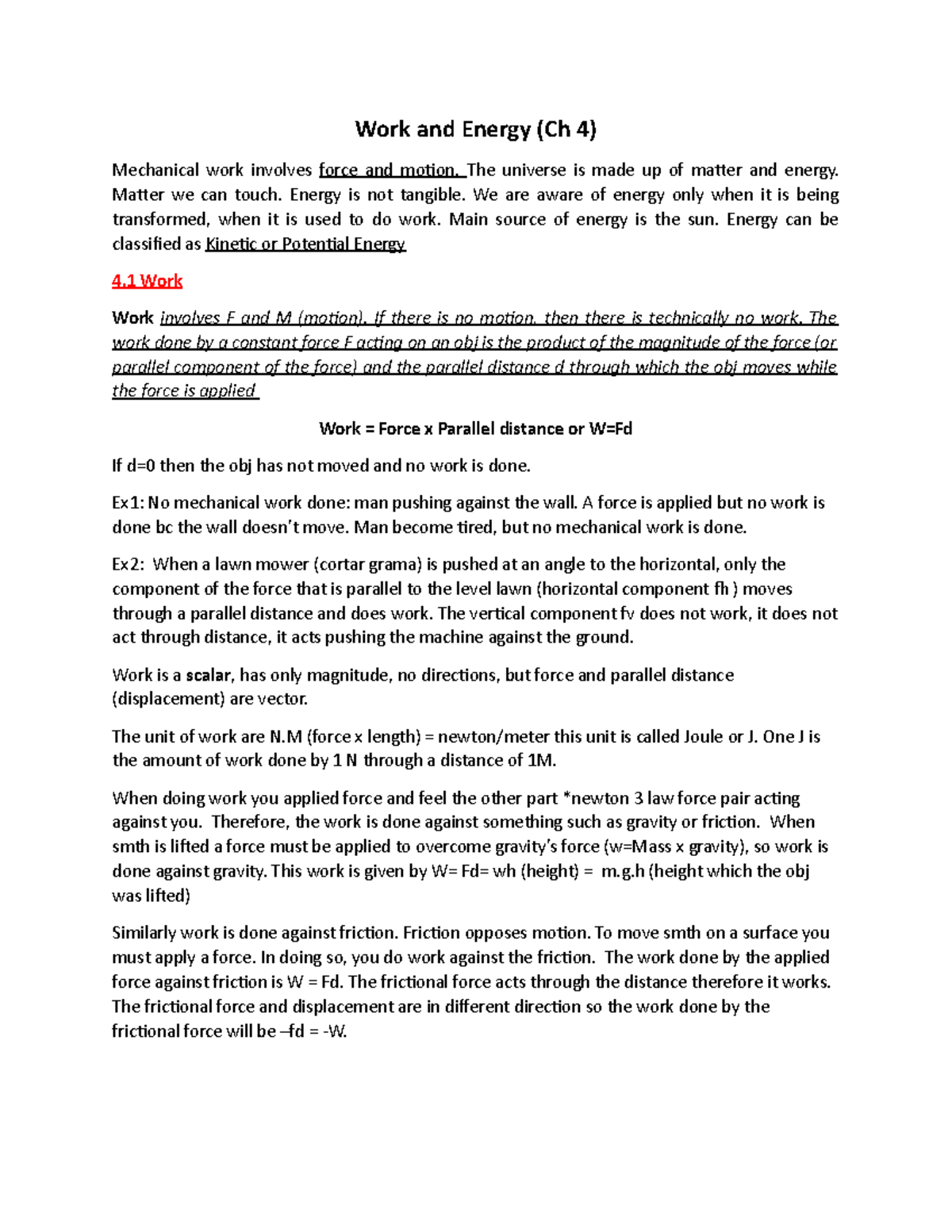 Chapter 4 - Notes - Work and Energy - Work and Energy (Ch 4) Mechanical ...