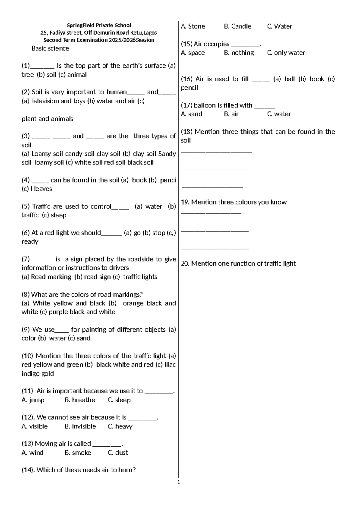 SpringField Private School Second Term Examination: Basic Science ...