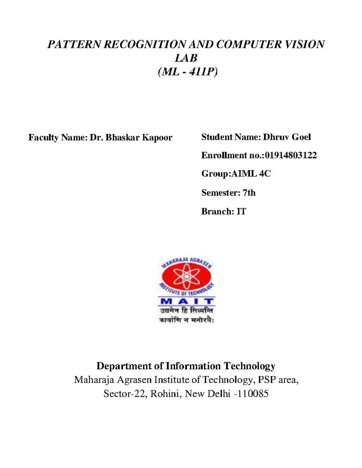 Pattern Recognition and Computer Vision Lab Report (ML 411P) - Studocu