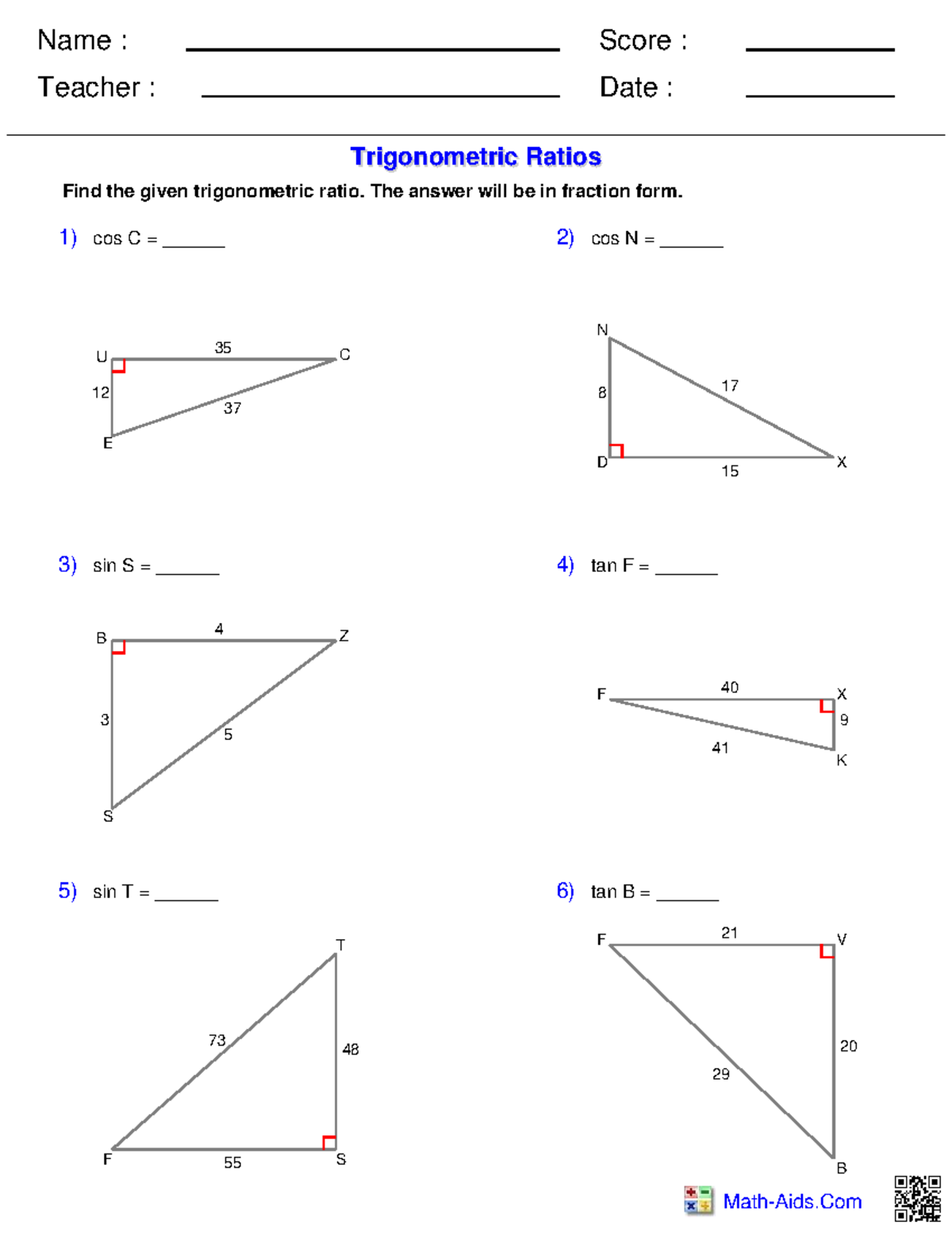 Trig Ratios - Summer Homework Worksheet for Trigonometry - Studocu