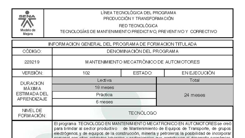 Tecnólogo en Mantenimiento Mecatrónico de Automotores - Programa 223219 ...