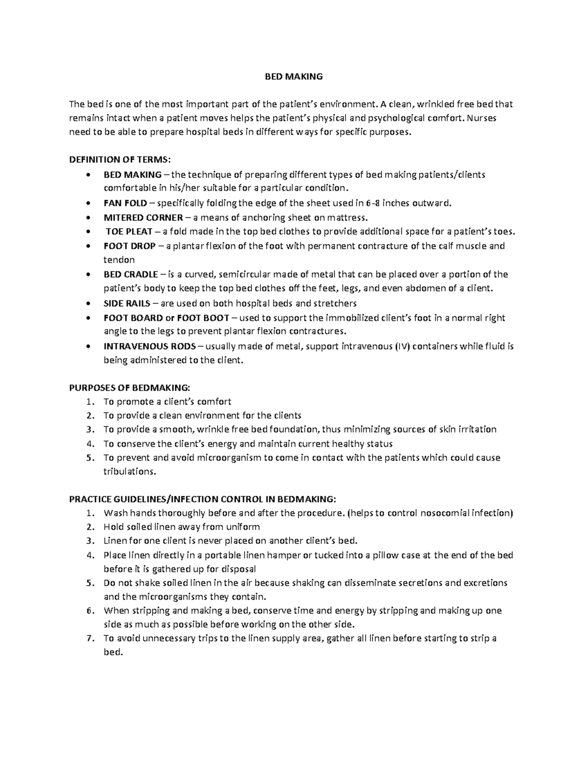 Bed Making Techniques Handout - Nursing Care Guide - Studocu