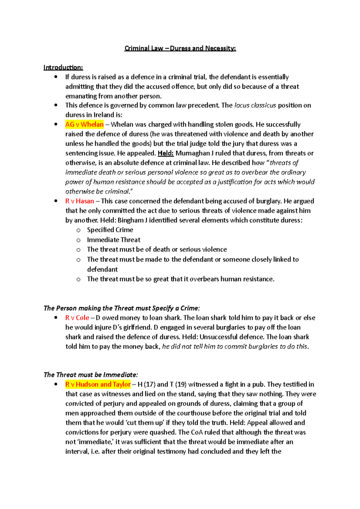 Criminal Law 10. Duress and Necessity: Key Case Summaries and Insights ...