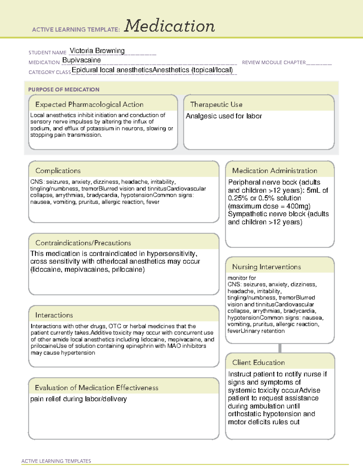 Bupivacaine Medication Card - Active Learning Template Overview - Studocu