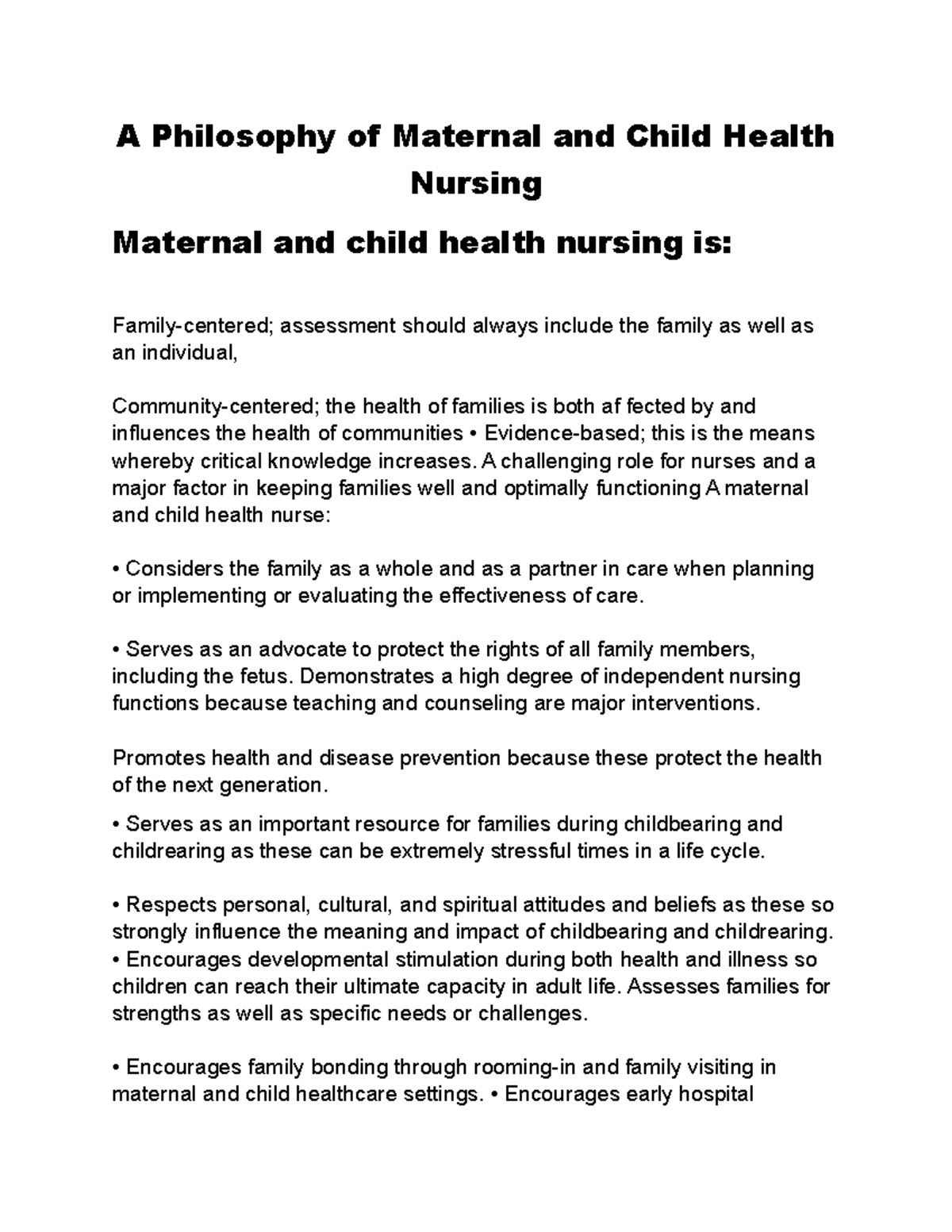 Maternal and child health nursing - A Philosophy of Maternal and Child ...