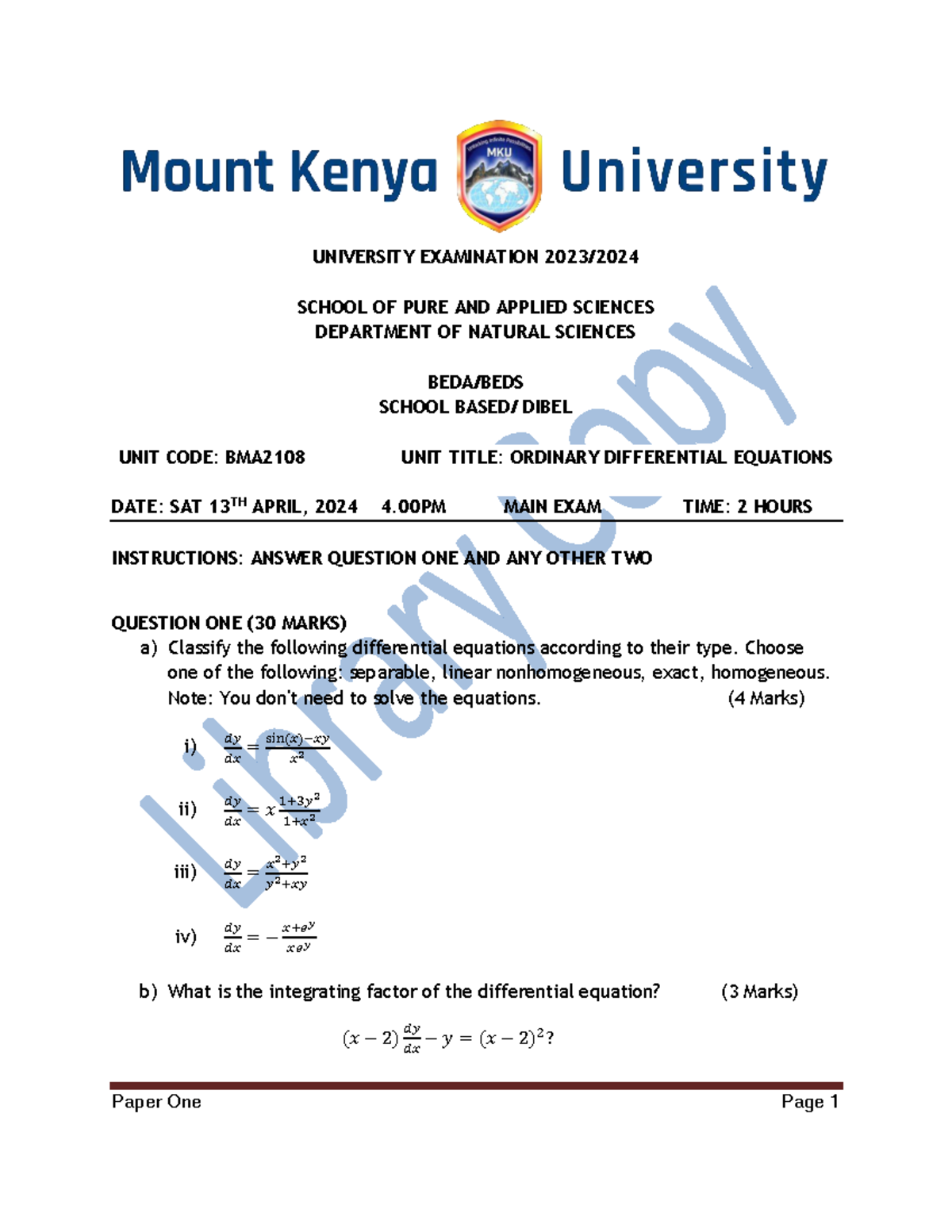 BMA2108 Final Exam Revision: Ordinary Differential Equations - Studocu