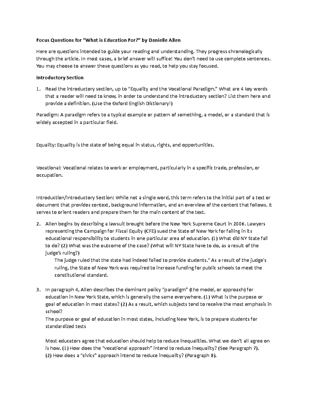 Focus Questions for "What is Education For?" - Study Guide - Studocu