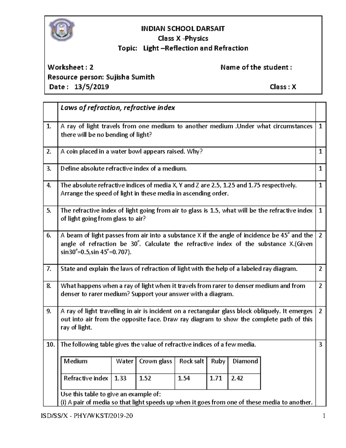 Class X Light and Refraction Worksheet: Laws and Applications - Studocu