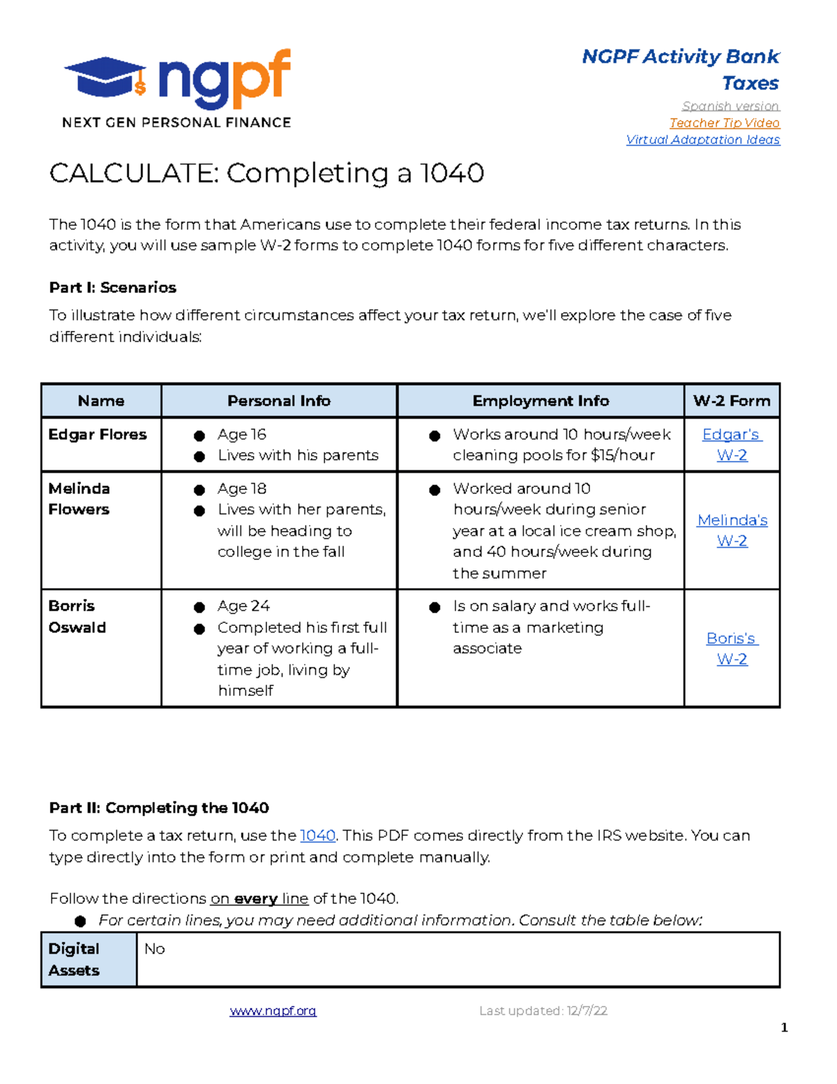 Calculate Completing a 1040 Student - NGPF Activity Bank Taxes Spanish version Teacher Tip Video ...